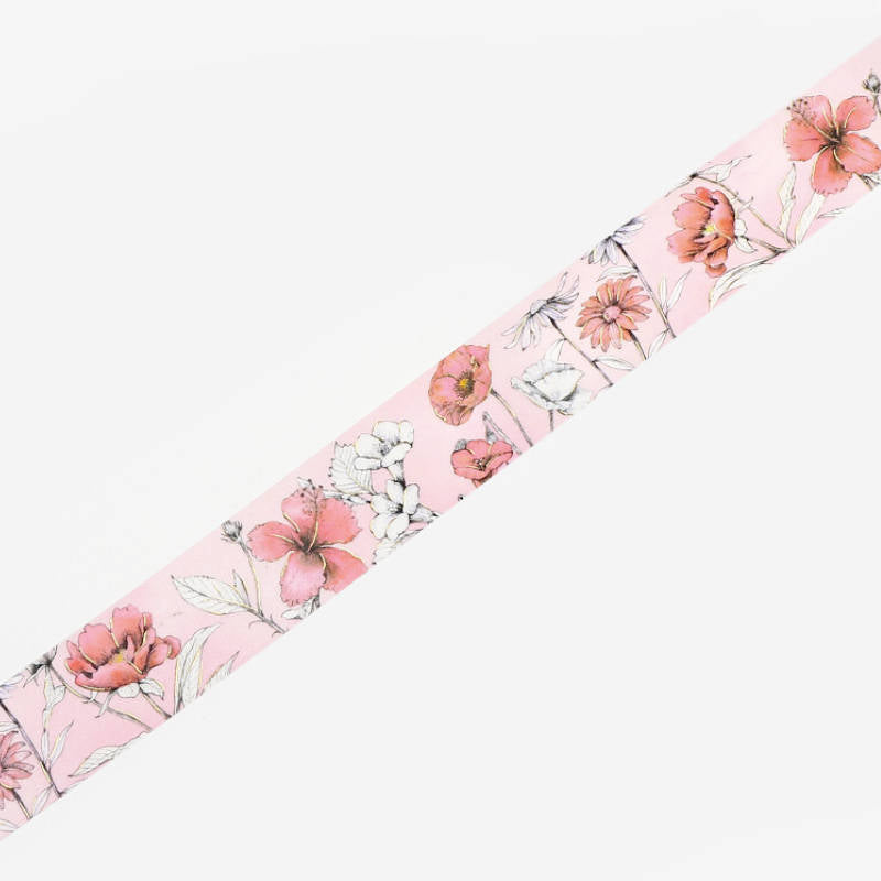 Pretty Pink Floral Washi Tape Outline Flower BGM Gold Foil Accent ...