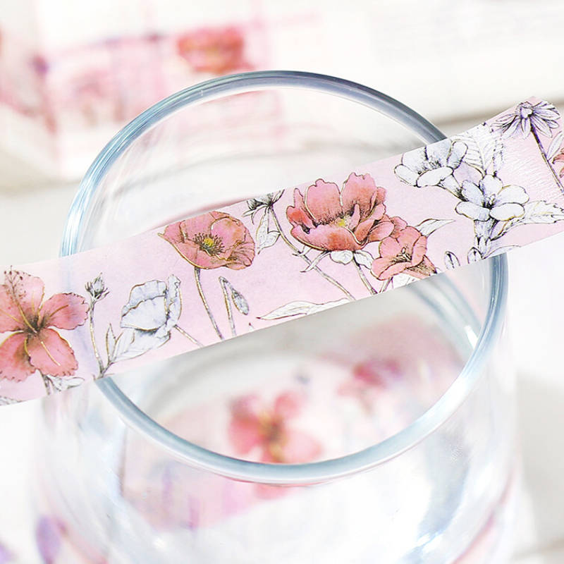 Pretty Pink Floral Washi Tape Outline Flower BGM Gold Foil Accent ...