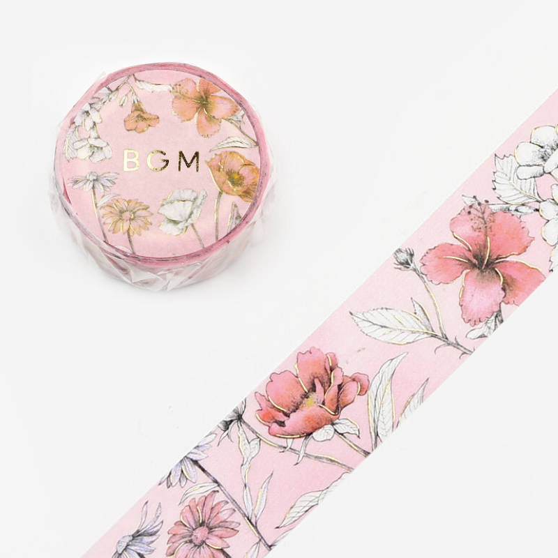 Pretty Pink Floral Washi Tape Outline Flower BGM Gold Foil Accent ...