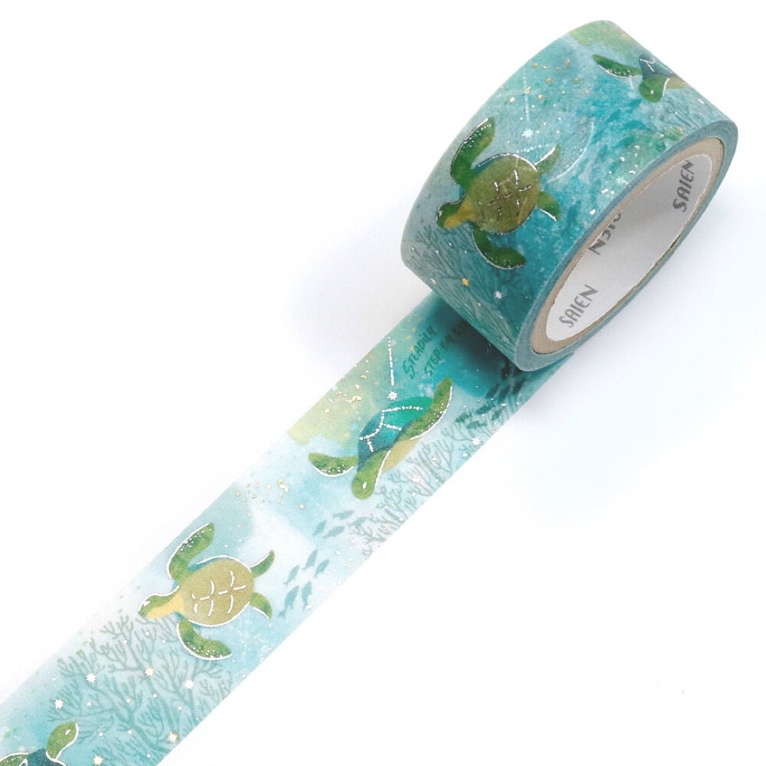 Sea Turtles Washi Tape Ocean Saien Kamiiso Sansyo Silver Gold Foil ...